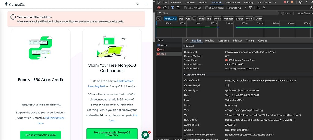 Difficulties Issuing Student Benefits Atlas Code - MongoDB for Students - MongoDB Developer ...