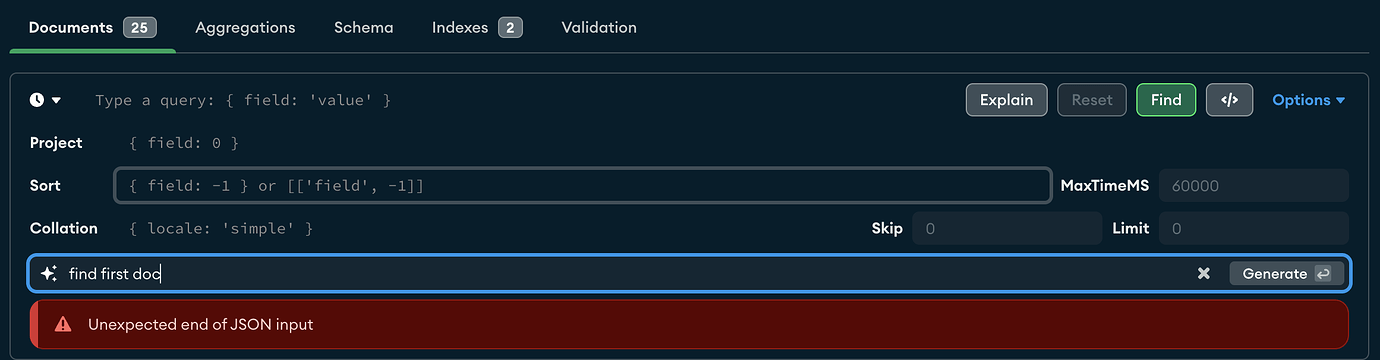 Natural Language Query In Mongodb Compass Throws Invalid Json Response Errors Open Source