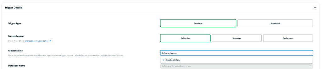 Unable to set cluster on trigger creation for collection-level trigger - Atlas Triggers ...