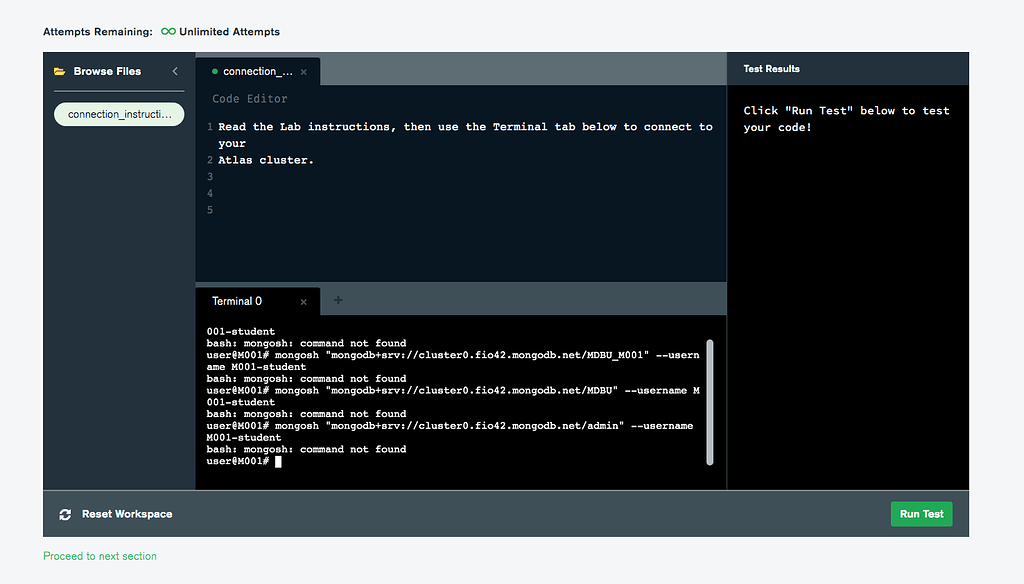 I am unable to connect my Cluster through the IDE on the University Platform - M001: MongoDB ...