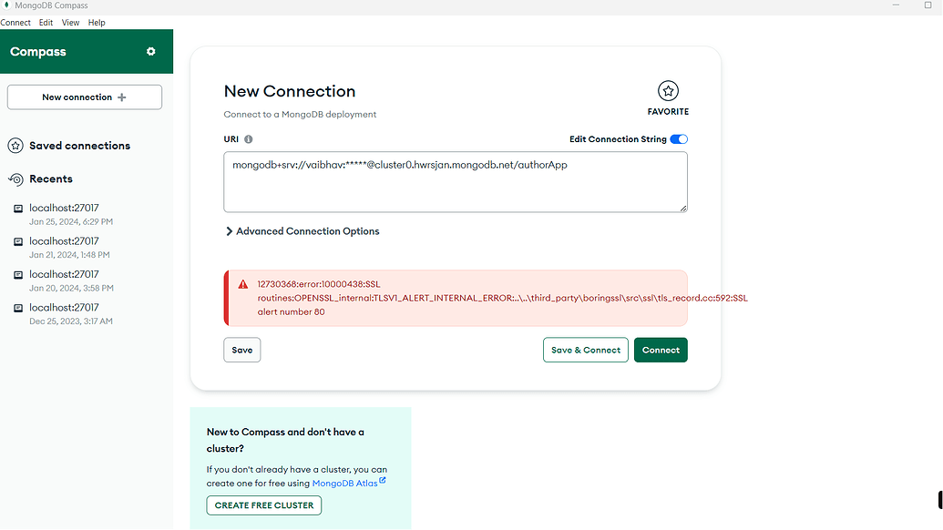 Im Facing This Error While Connecting With The Compass With Atlas Developer Tools Mongodb