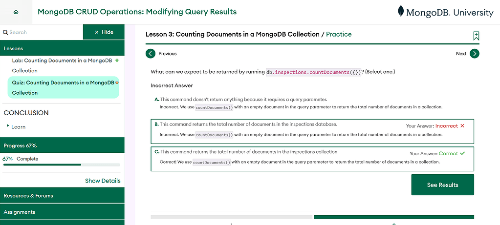 Issue with Practice Question - Multiple Correct Answers Not Reflected - MongoDB University ...