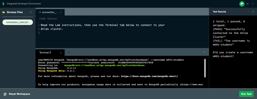 Connect To Your Atlas Cluster Integrated Ide Lab Tests Not Working As Expected M001 Mongodb