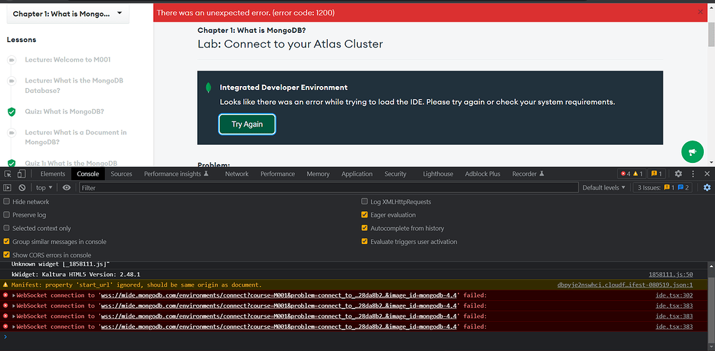 Can't connect to IDE : (There was an unexpected error. (error code: 1200) ) - M001: MongoDB ...
