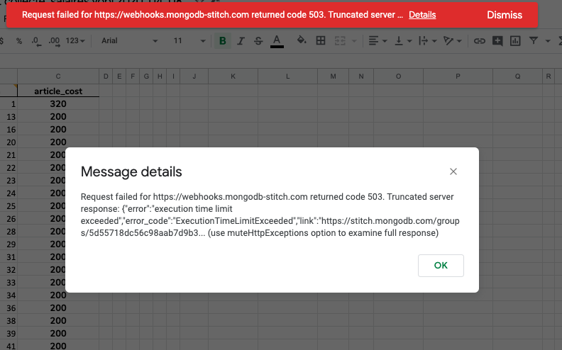 Stitch 503 Exceeded error code ExecutionTimeLimit Exceeded MongoDB Realm MongoDB 