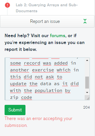 Quiz Chapter 4 Lab 2: Querying Arrays and Sub-Documents (incorrect count) - M001: MongoDB Basics ...
