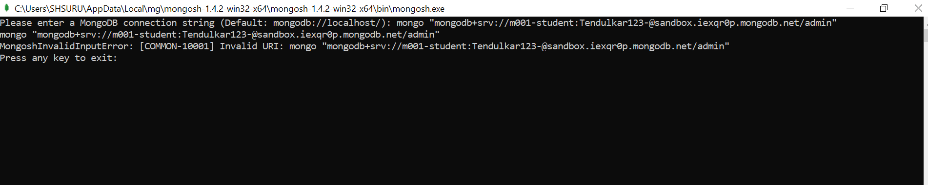 Facing error - Cluster connectivity from the shell - M001: MongoDB Basics - MongoDB Developer ...