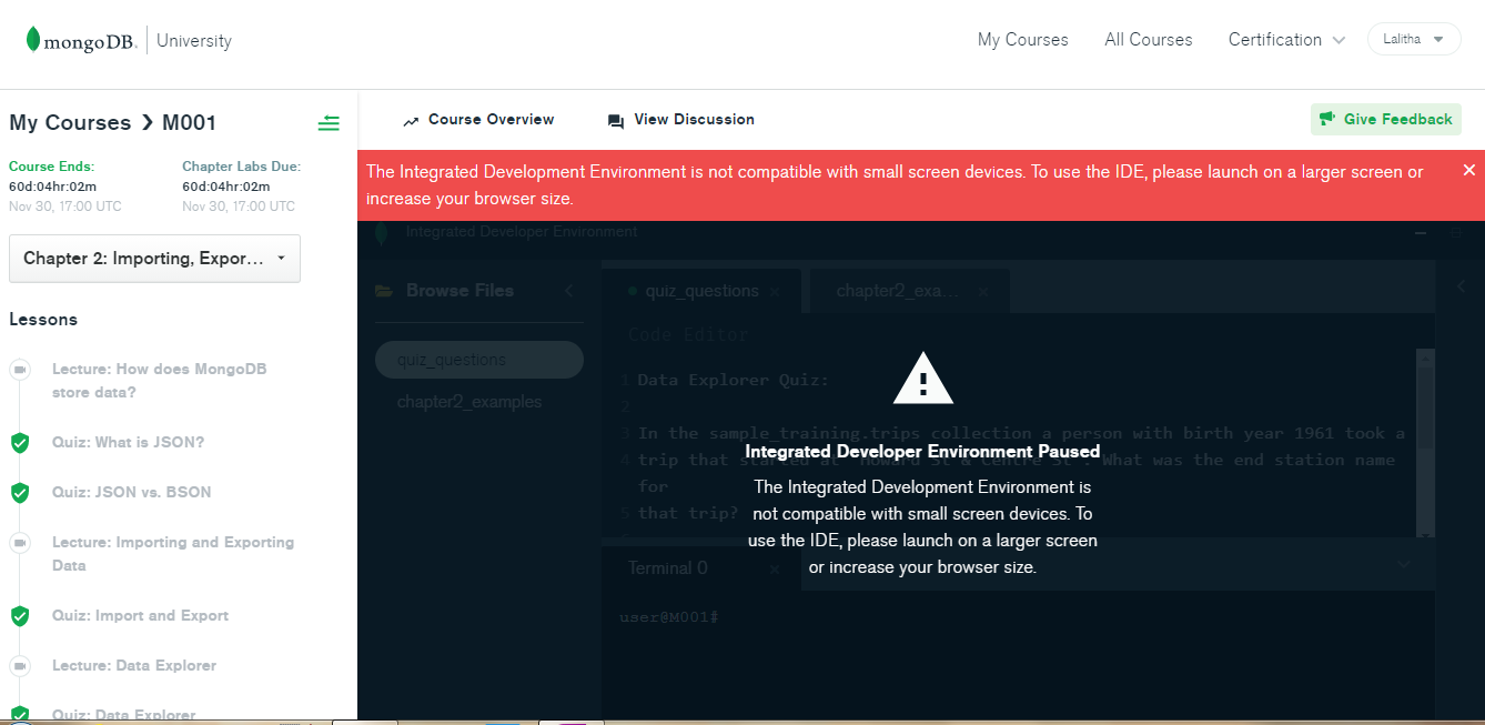 IDE is not compatible with small screen devices! - M001: MongoDB Basics - MongoDB Developer ...