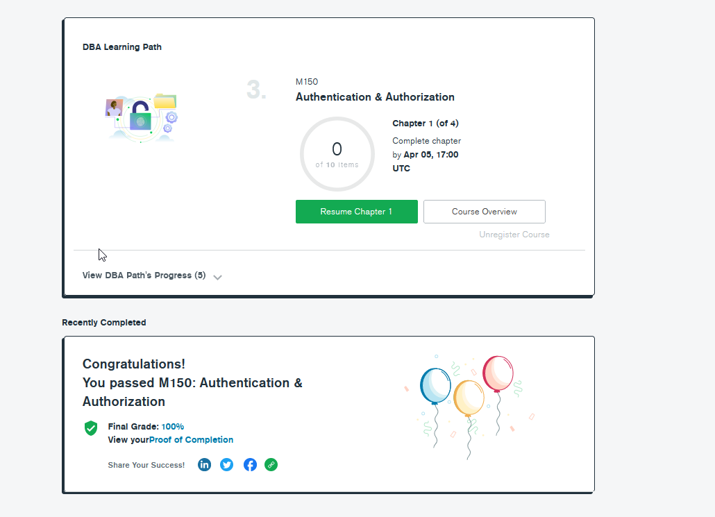Completed the M150 Authentication and Authorization - M150: Authentication and Authorization ...