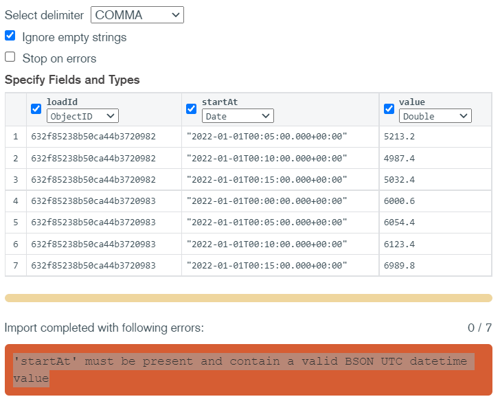 Unable To Import Csv File To Time series Collection Using Compass 