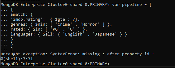 Lab - $match, getting syntax error - M121: The MongoDB Aggregation ...