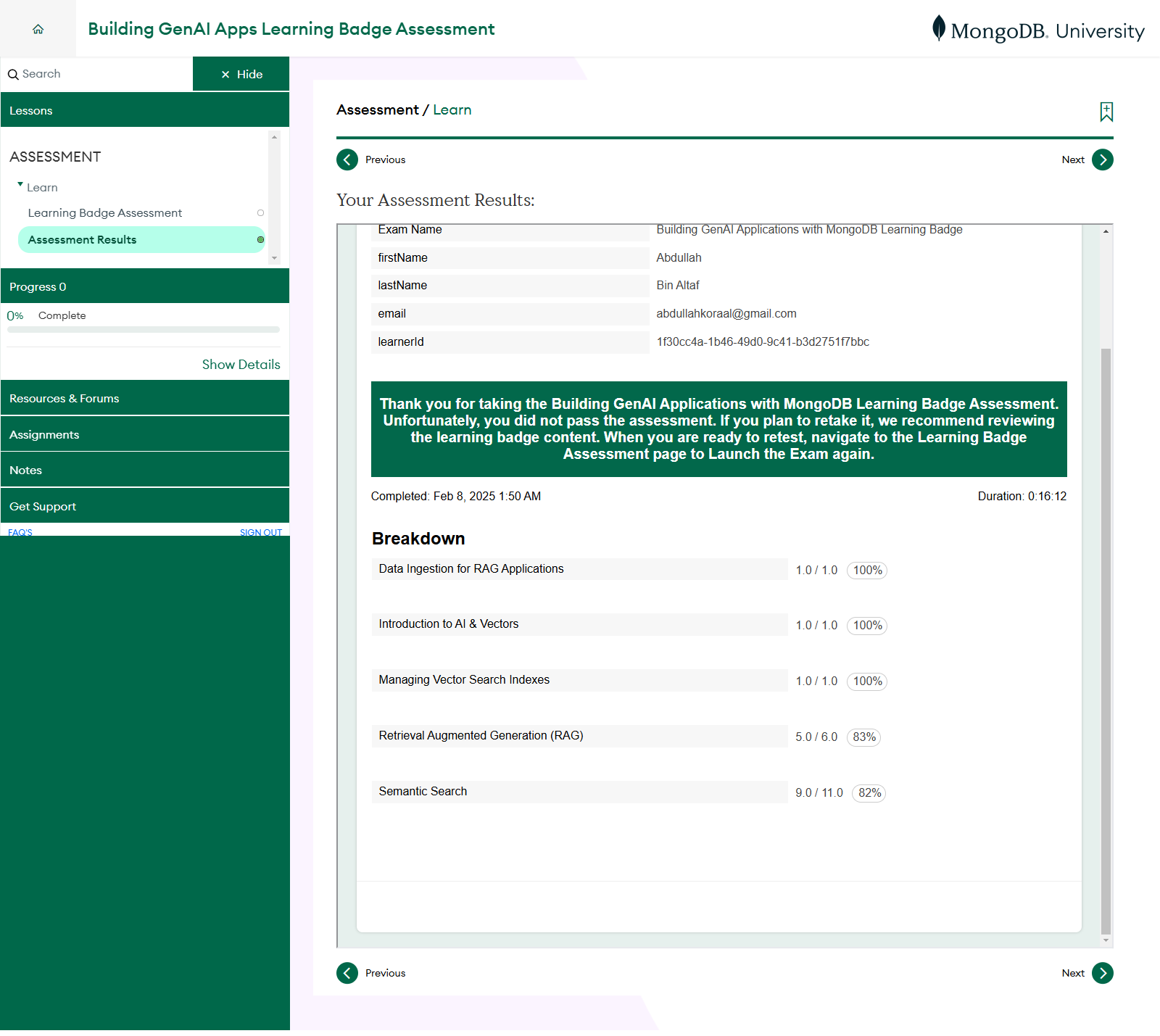 I got 80% + in Building GenAI Apps Learning Badge Assessment but it still says you've not passed ...