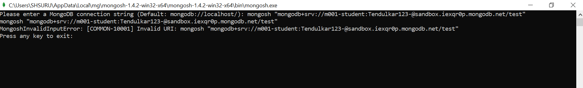 Facing error - Cluster connectivity from the shell - M001: MongoDB Basics - MongoDB Developer ...