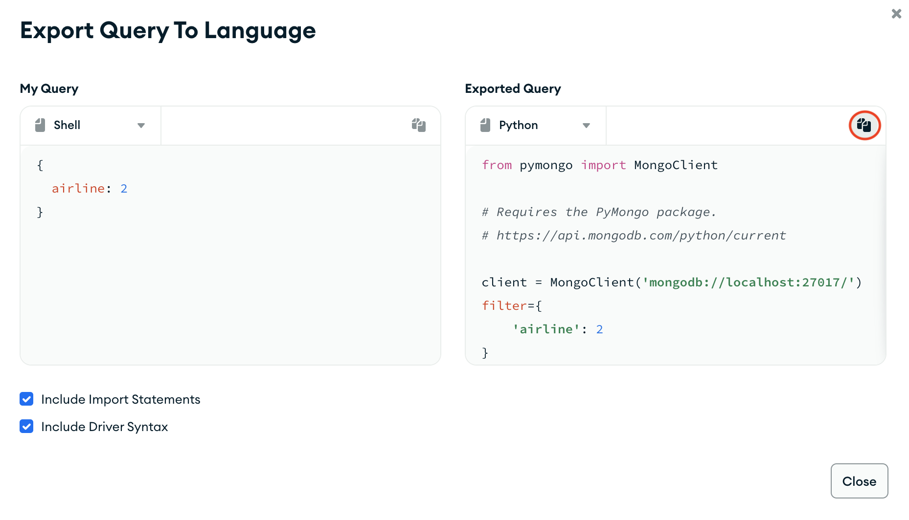 Export Query To Specific Language MongoDB Compass