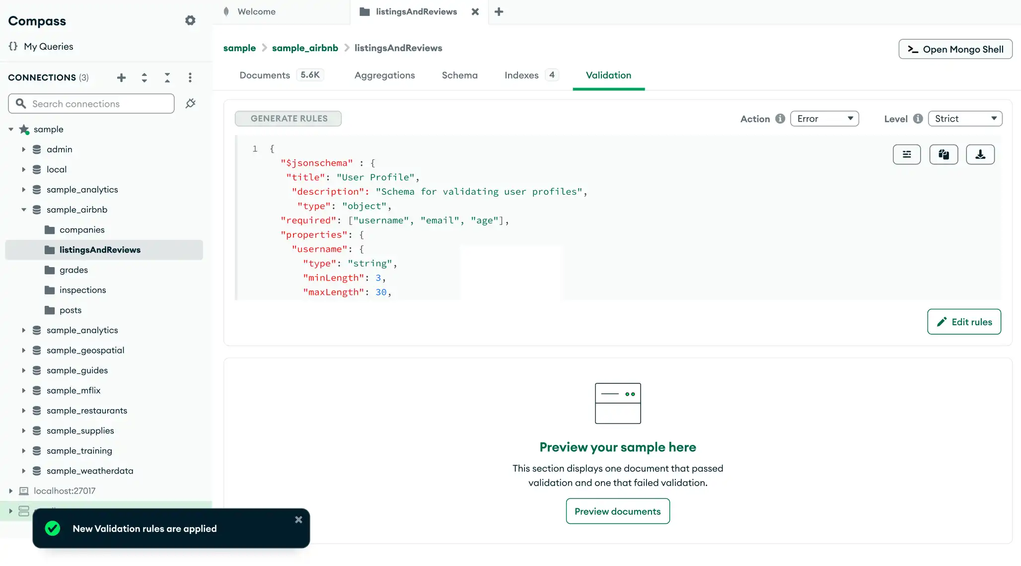Edit Validation Rules Compass Mongodb Docs