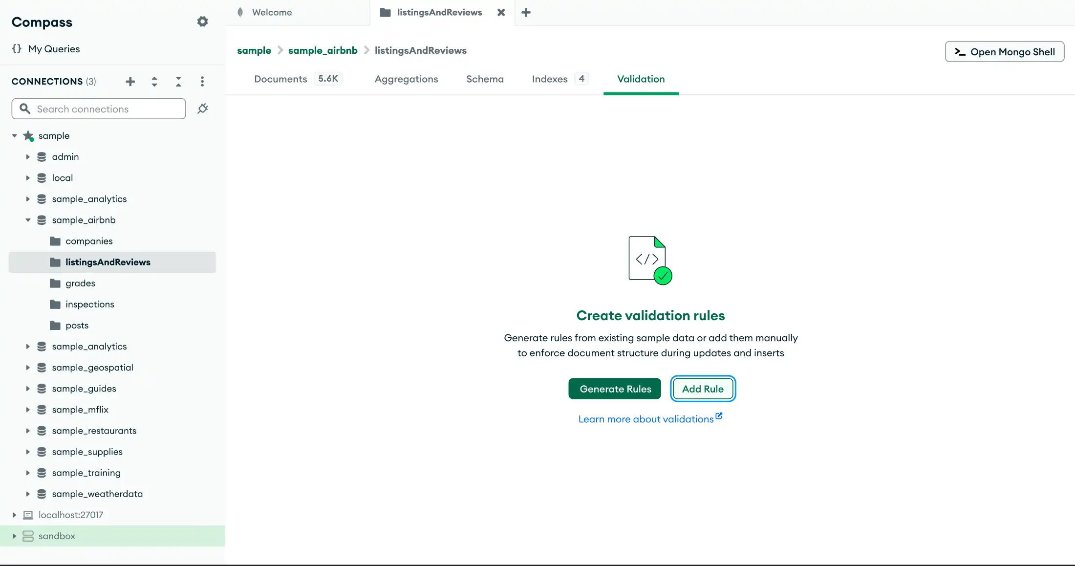 添加验证规则 - Compass - MongoDB Docs